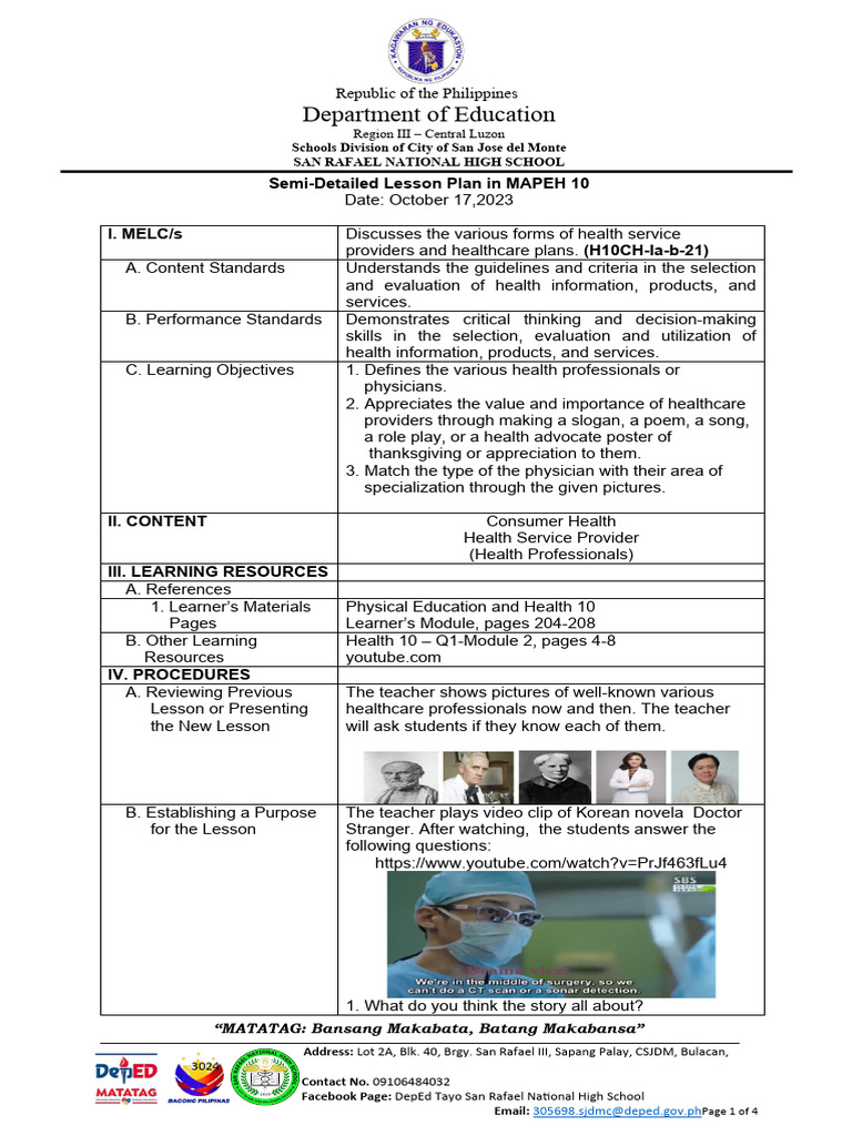 BIAS - Semi-Detailed LP-COT 1 SY2023-2024 | PDF | Health Care | Health Professional