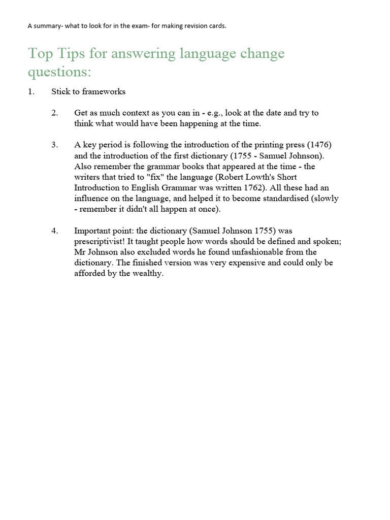 Exam Revision Tips for Language Change | PDF | English Language | Word
