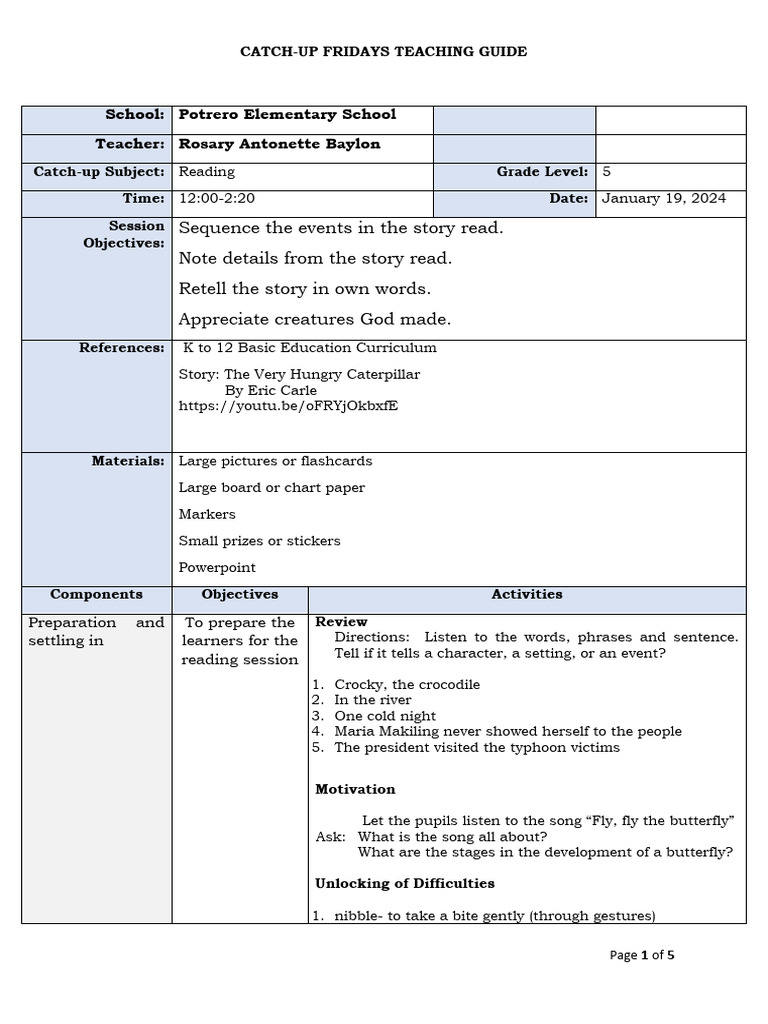 Catch-Up Fridays: 5th Grade Reading Guide | PDF