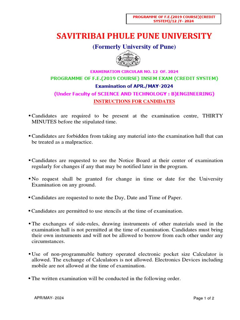 F e 2019 Pattern Insem Exam Timetable For March April 2024 | PDF | Engineering | Physical Sciences