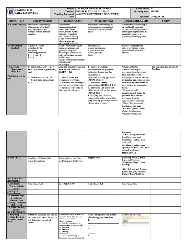 WEEK2 DLL MAPEH | PDF | Software | Rhythm