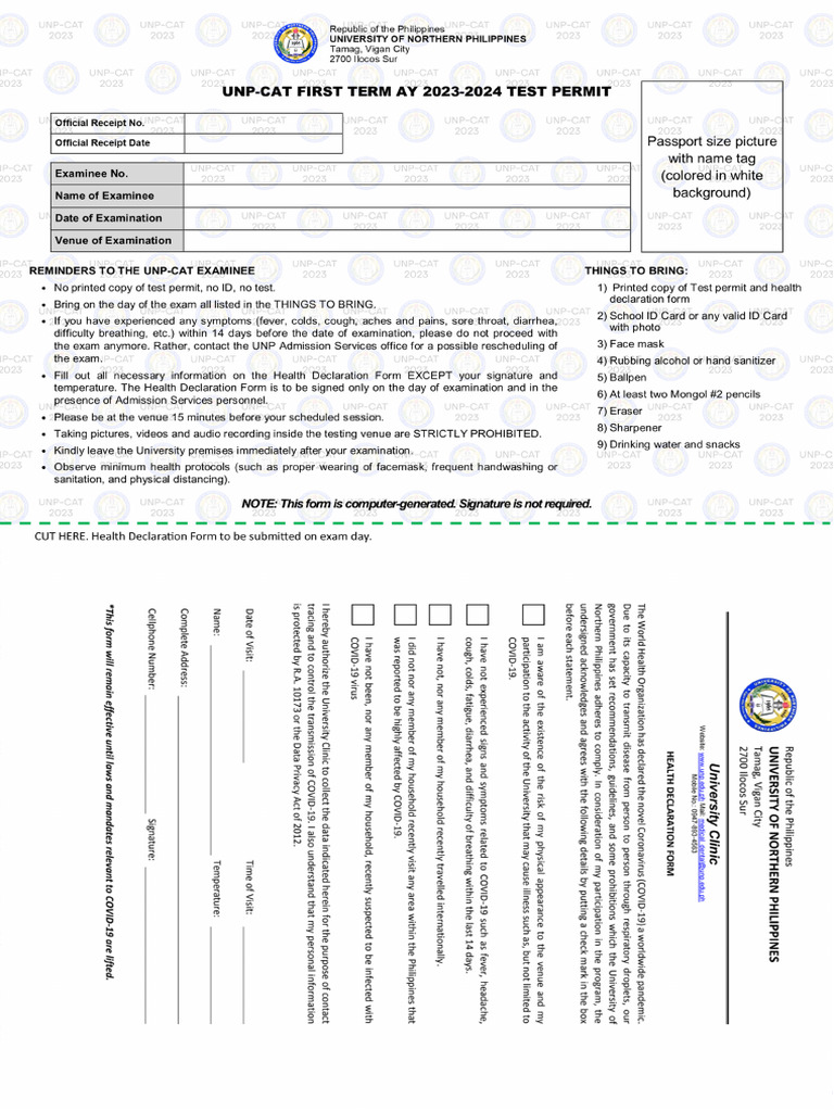 Admission Exam Permit Unp 1 | PDF