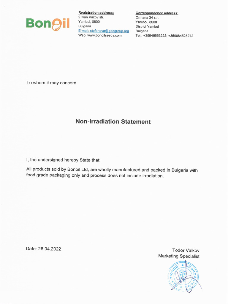 Non-Irradiation Statement | PDF