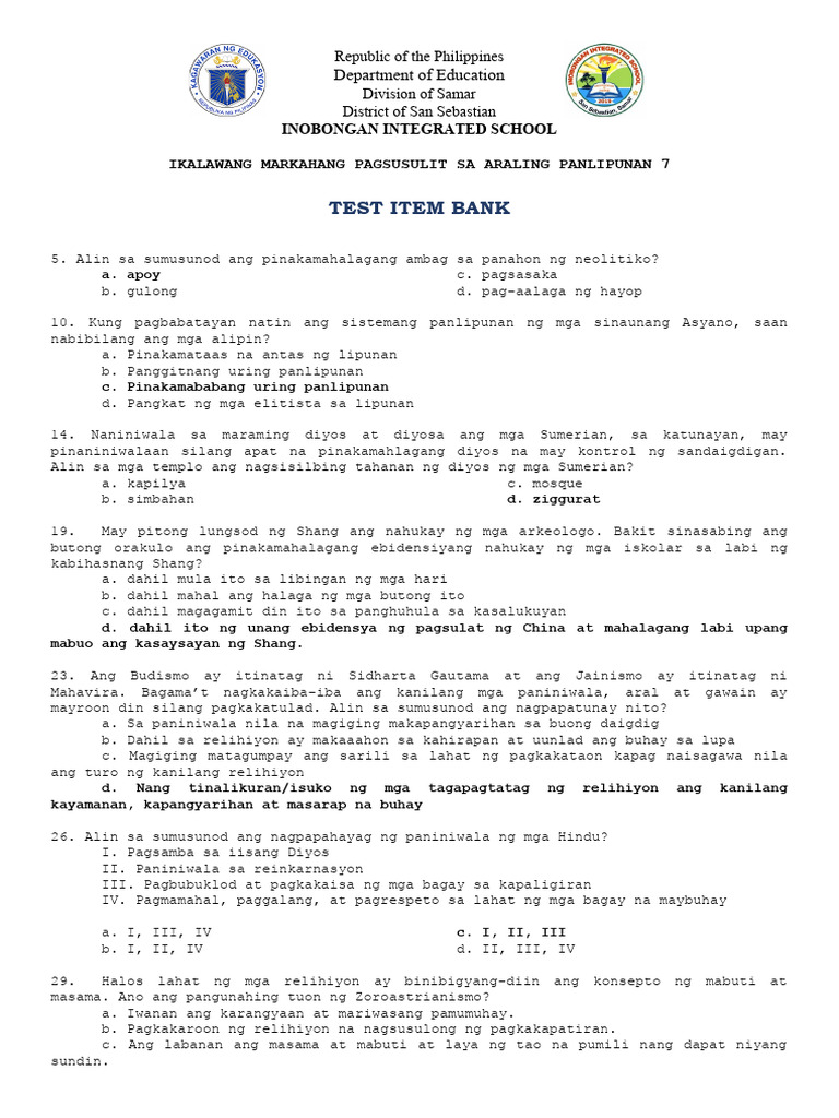 SY 2023-2024 AP7 - Q2 - Test Item Bank | PDF