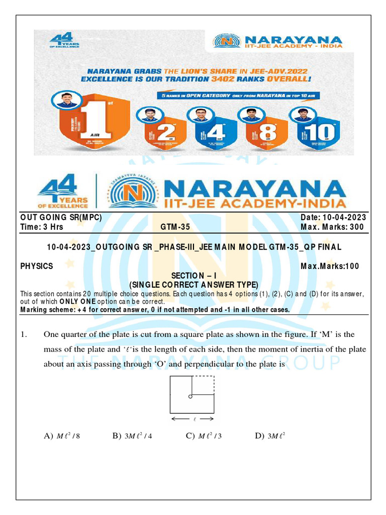 10-04-2023 - Outgoing SR - Phase-Iii - Jee Main Model GTM-35 - QP Final | PDF | Acid | Ammonia