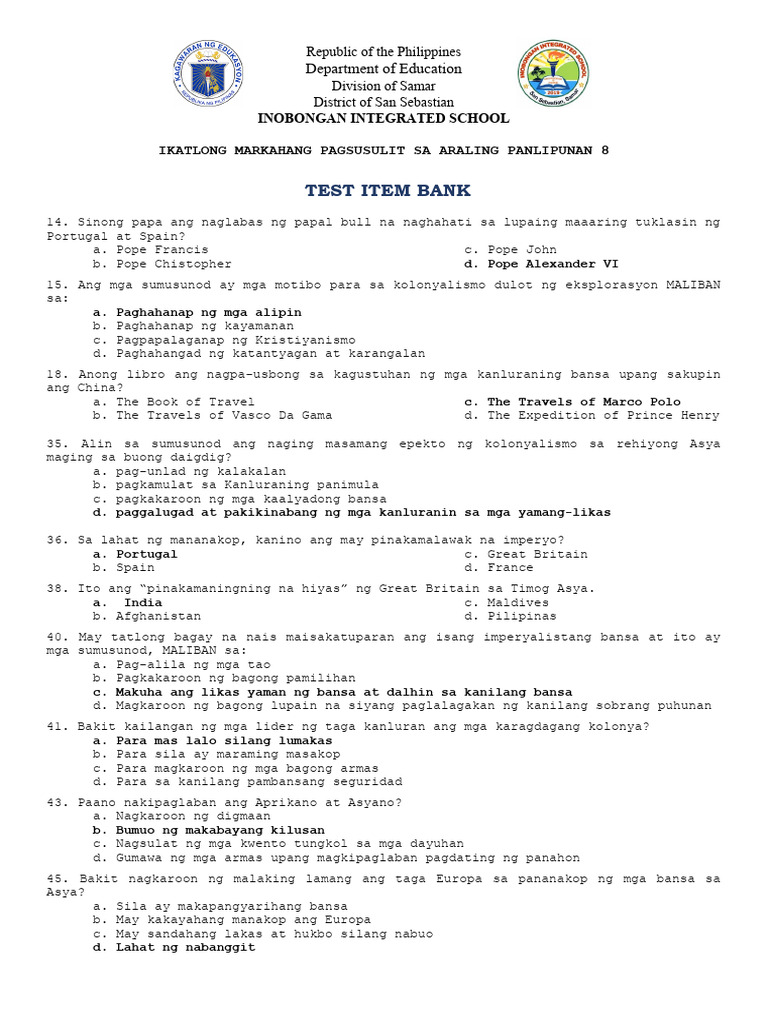 SY 2023-2024 AP8 - Q3 - Test Item Bank | PDF