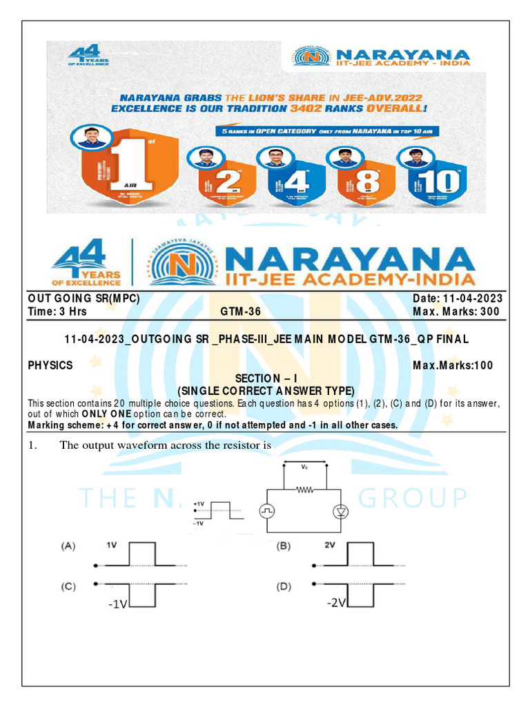 JEE Main Model GTM-36 Physics Paper | PDF | Acceleration | Gases
