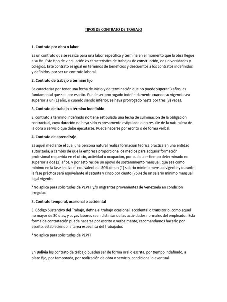 Tipos de Contrato de Trabajo | PDF | Derecho laboral | Economias