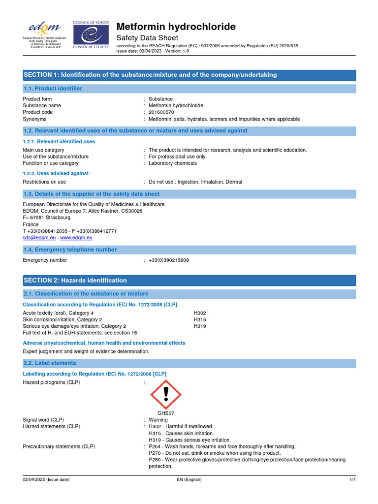 Metformin HCL SDS | PDF | Toxicity | Hazards