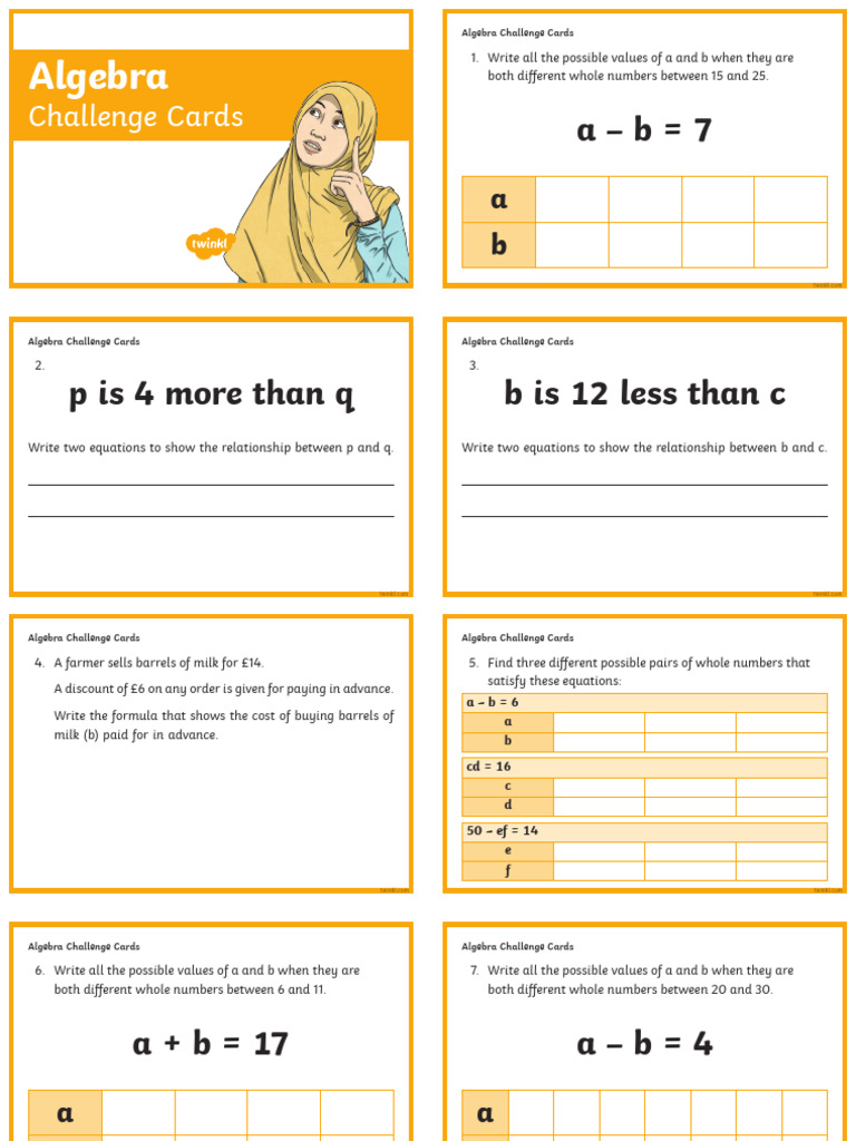 Algebra Challenge Cards | PDF | Algebra | Equations