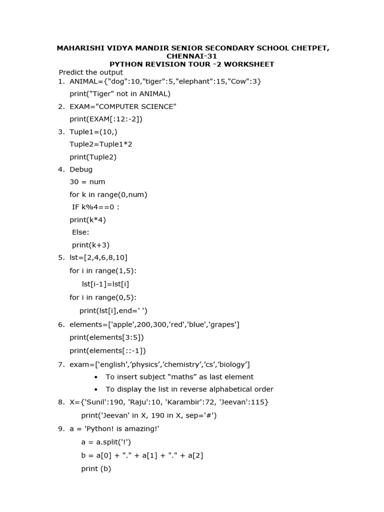 Python Revision Tour-2 Worksheet | Download Free PDF | Computing ...