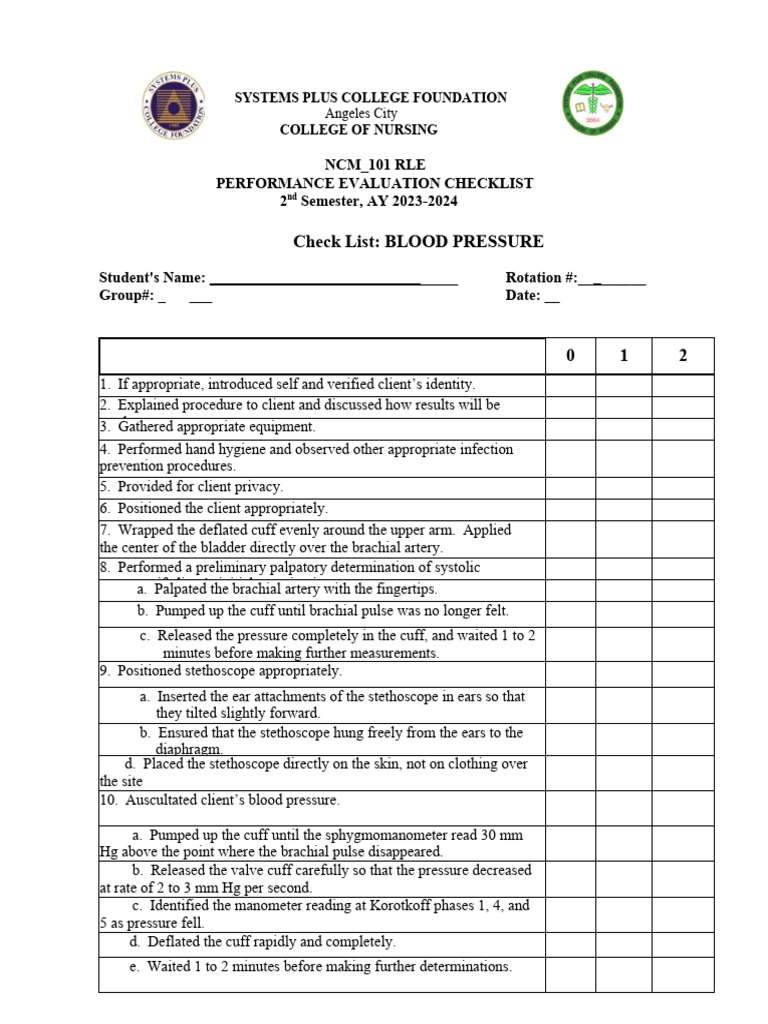 Blood Pressure Checklist | PDF | Blood Pressure | Cardiovascular System