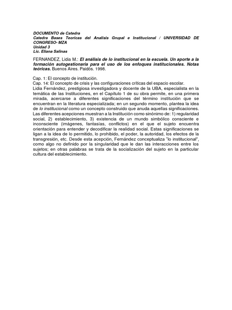 1 - A-Lidia Fernandez - El Analisis Intitucional en La Escuela Resumido ...