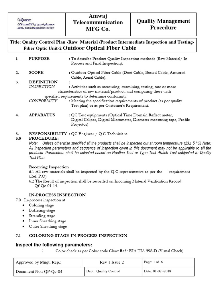 10 - 1 - QC Plan-Qp-Qc-04-Cable | PDF | Optical Fiber | Fibre ...