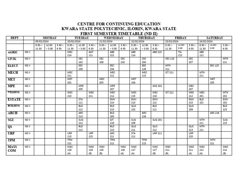 Cce ND 2 First Week Timetable | PDF