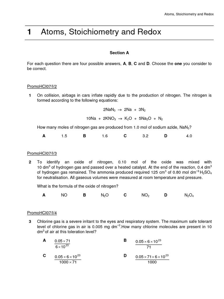 1 Atoms, Stoichiometry and Redox: Section A | PDF | Chlorine | Iodine