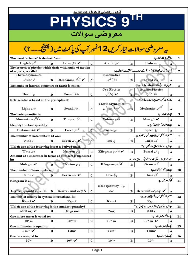 9th Physics Guess 2024 Updated (Samples) | PDF
