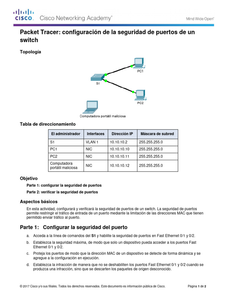 5 2 2 7 Packet Tracer Configuring Switch Port Security Instructions