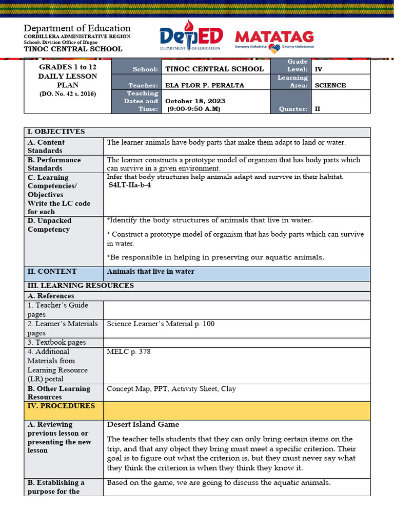DLP in Science 4 q2 | PDF | Fish | Learning