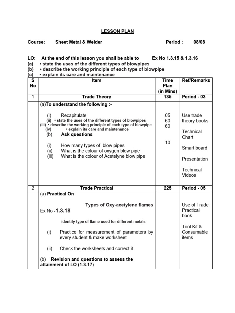 Lesson Plan Sheet Metal & Welder For 13 Jan 23 | PDF