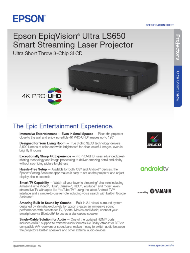 Epson EpiqVision LS650B Projector Specification Sheet CPD-63943 PDF | PDF | Hdmi | Display ...