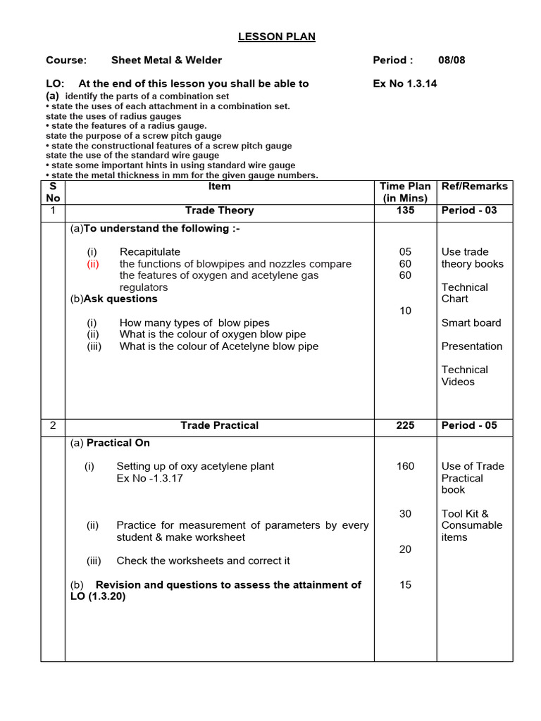 Lesson Plan Sheet Metal & Welder For 12 Jan 23 | PDF | Technology ...