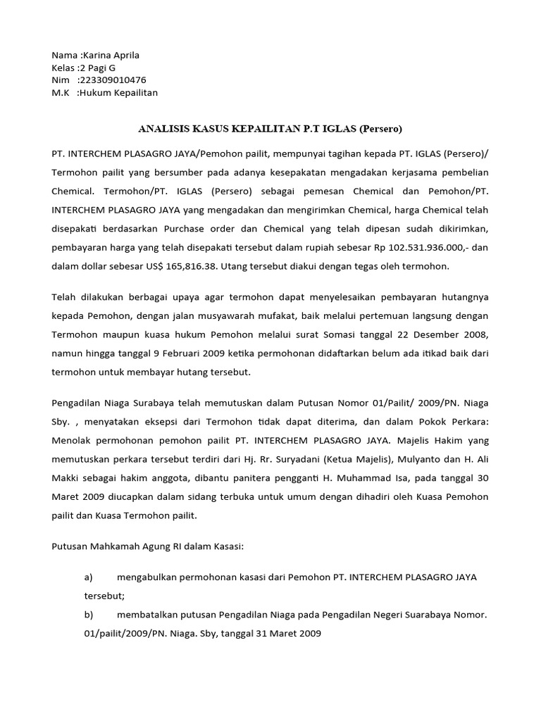 Analisis Kasus Kepailitan PT IGLAS | PDF | Hukum