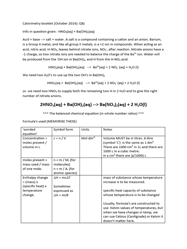 Hno3 Baoh2 Neutralisation Q | PDF | Nitric Acid | Enthalpy