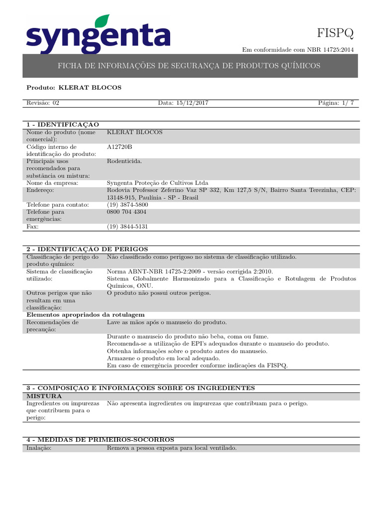 FISPQ Klerat Bloco_Syngenta | PDF | Embalagem e rotulagem | Dióxido de carbono