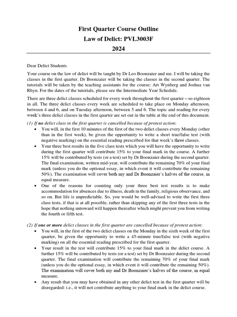 Course Outline For Delict First Quarter 2024 | PDF | Common Law ...