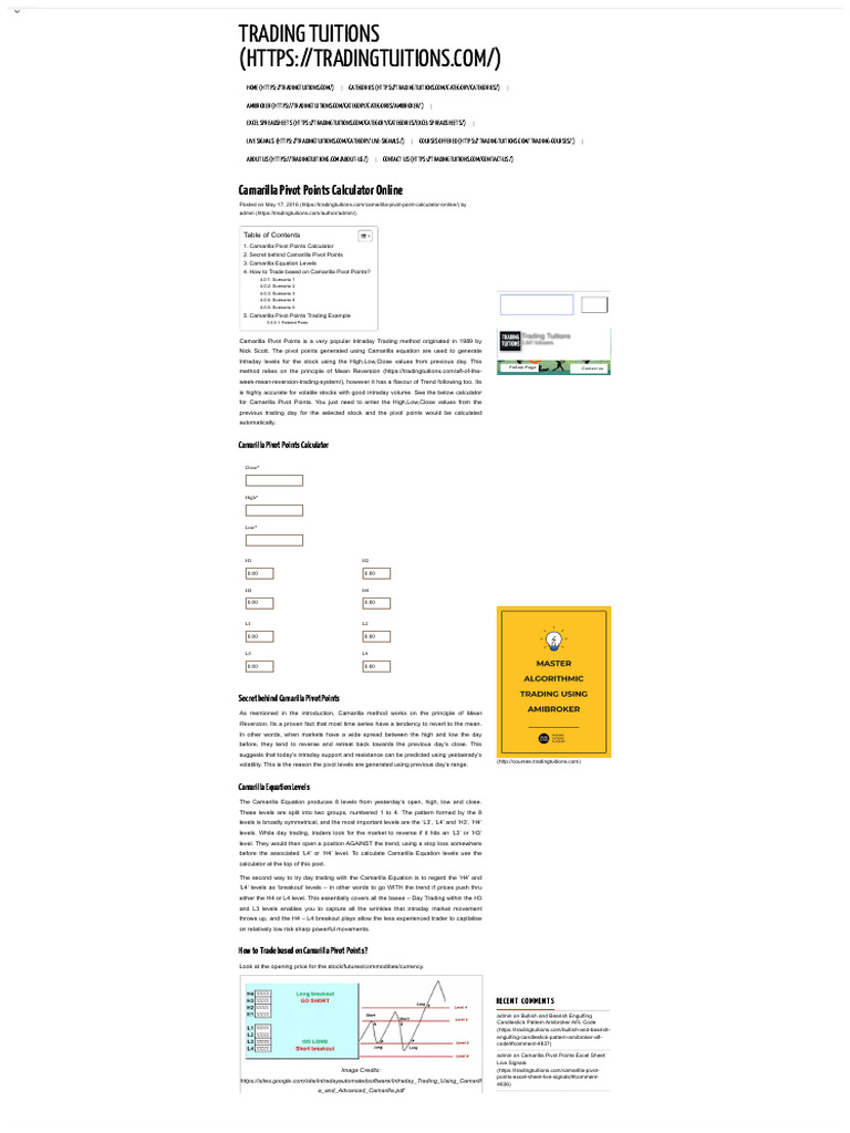 Camarilla Pivot Points Calculator Online Trading Tuitions Pdf Day Trading Technical Analysis