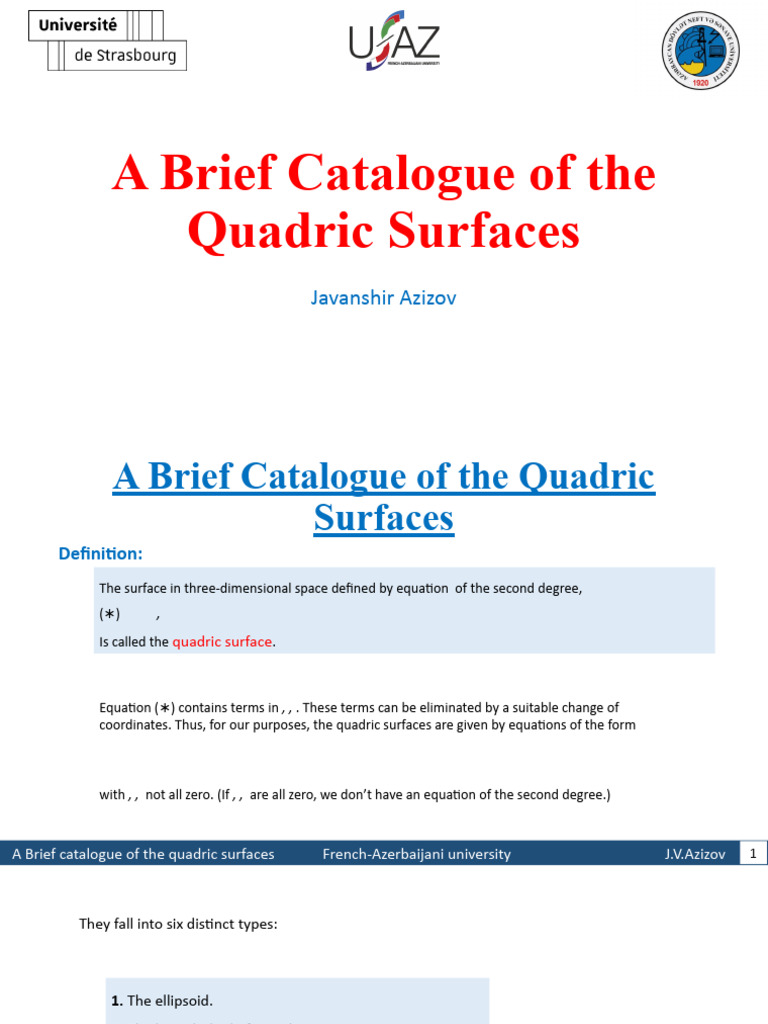 Catalogue of Quadric Surfaces Explained | PDF | Ellipse | Manifold