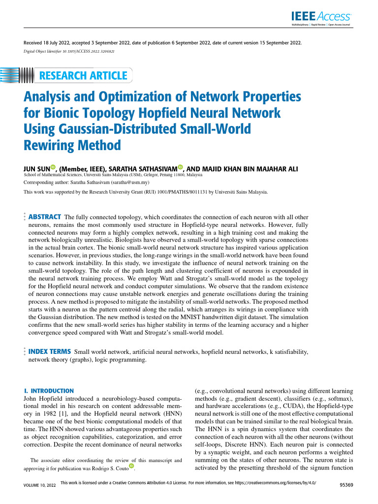 Analysis And Optimization Of Network Properties For Bionic Topology Hopfield Neural Network