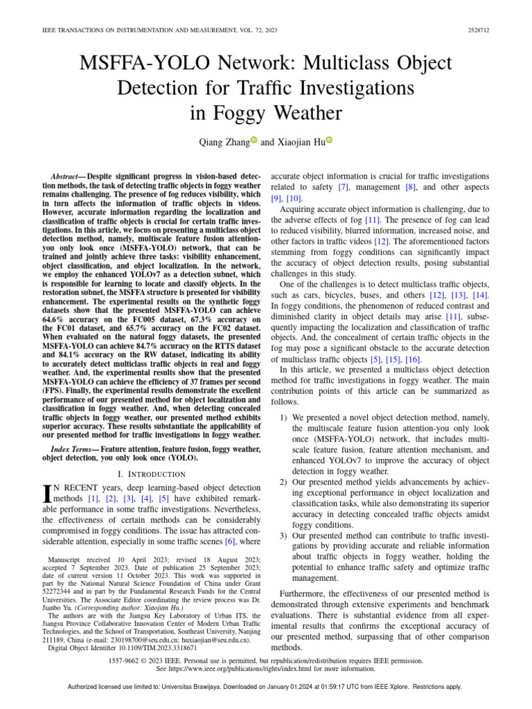 MSFFA-YOLO Network Multiclass Object Detection For Traffic Investigations in Foggy Weather | PDF ...