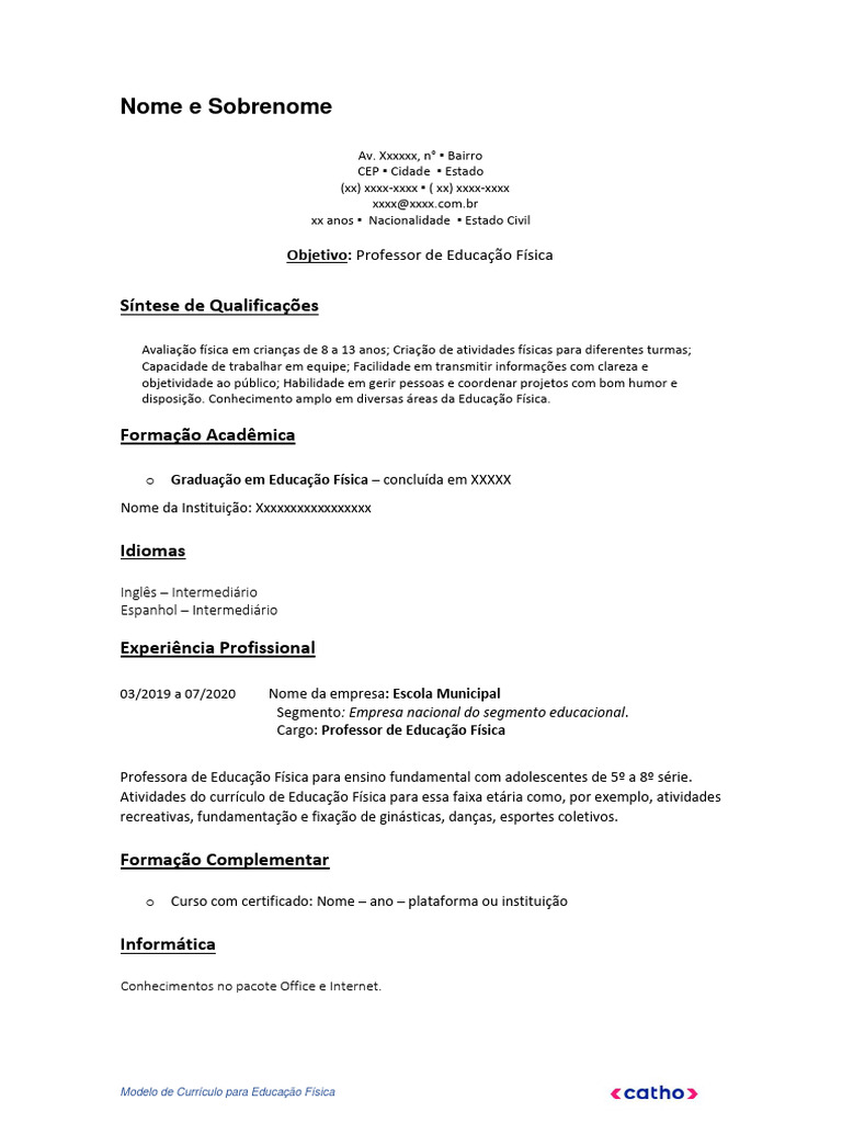 Modelo de Curriculo Educacao Fisica Catho Atualizado | PDF | Ciências Sociais