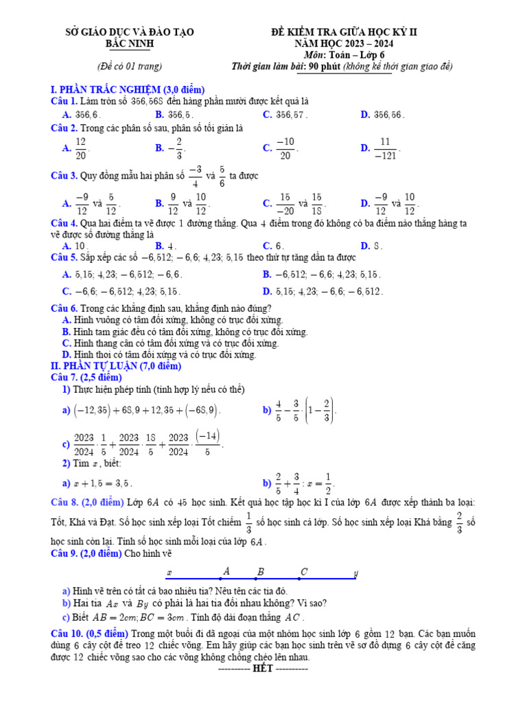 De Kiem Tra Giua Hoc Ky 2 Toan 6 Nam 2023 2024 So GDDT Bac Ninh | PDF