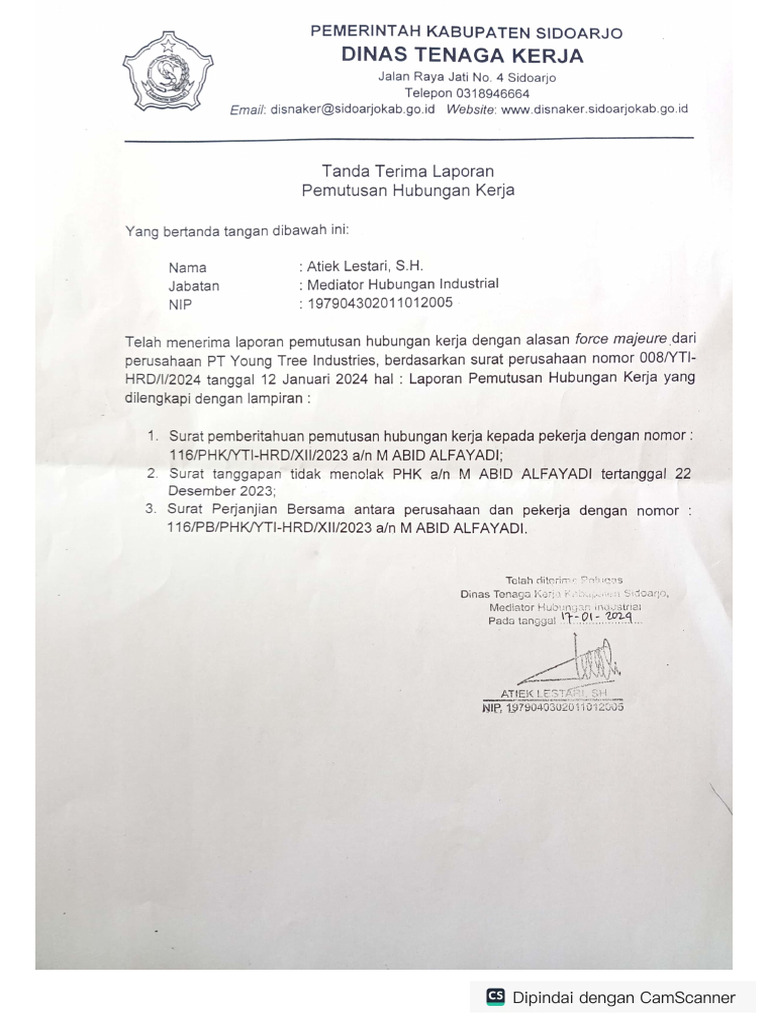 Surat Tanda Terima Laporan PHK | PDF