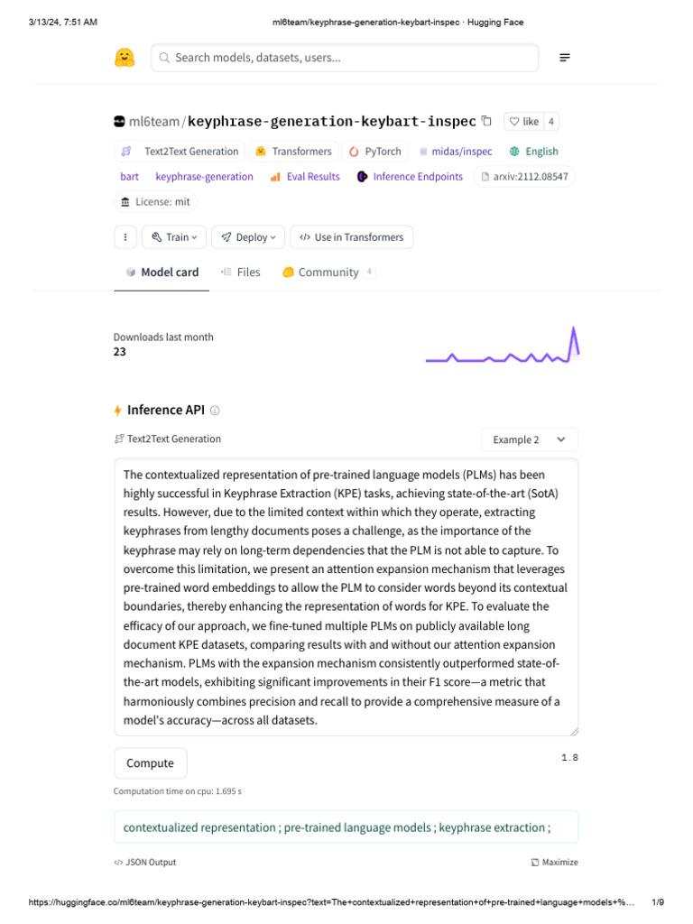 Ml6team - Keyphrase-Generation-Keybart-Inspec Hugging Face | PDF | Deep Learning | Learning