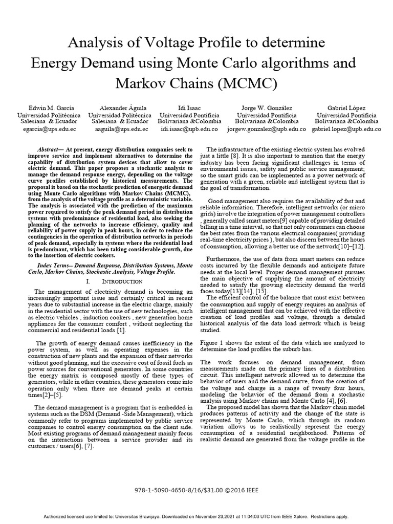 Analysis Of Voltage Profile To Determine Energy Demand Using Monte Carlo Algorithms And Markov