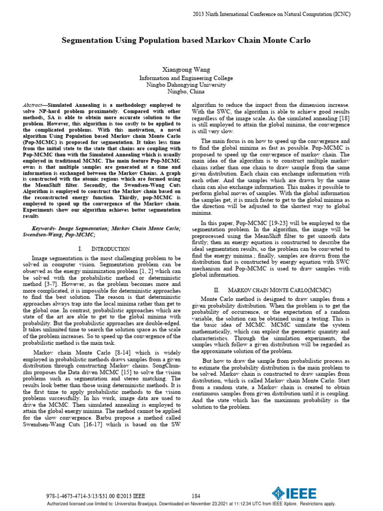 Segmentation Using Population Based Markov Chain Monte Carlo | PDF | Monte Carlo Method | Image ...