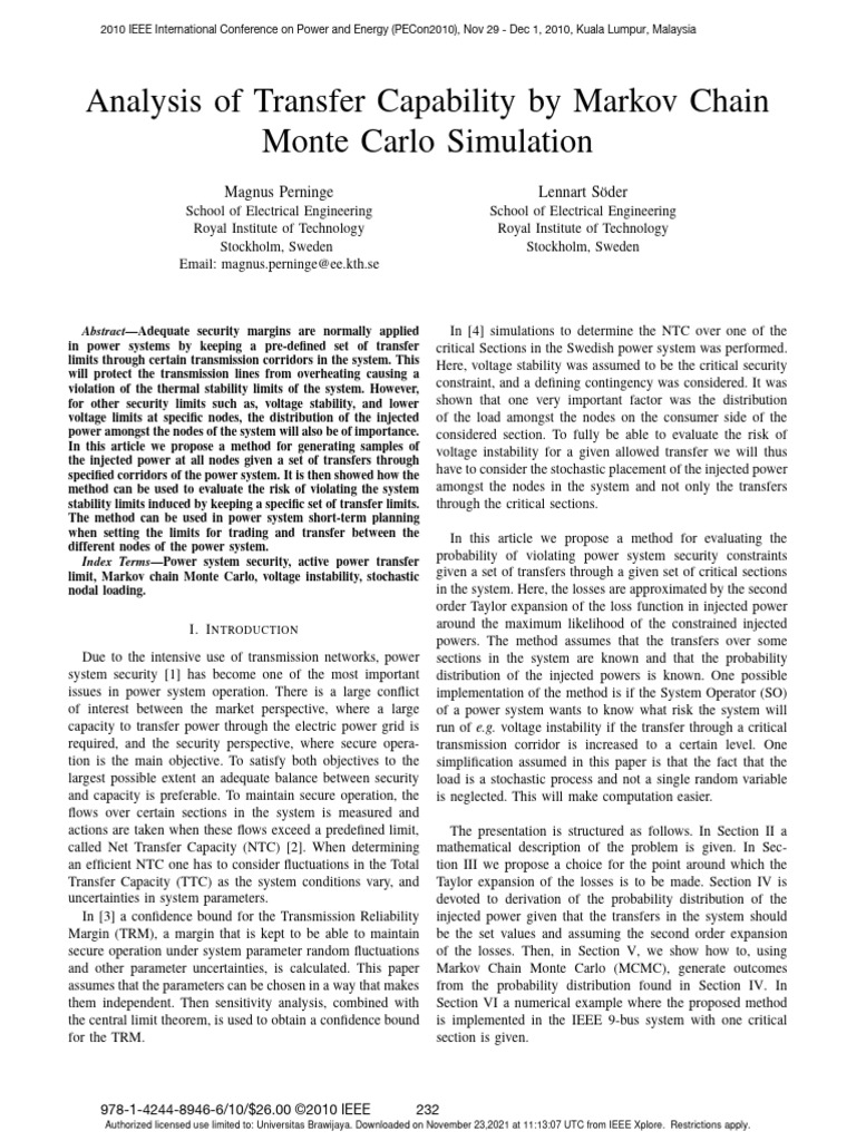 Analysis Of Transfer Capability By Markov Chain Monte Carlo Simulation