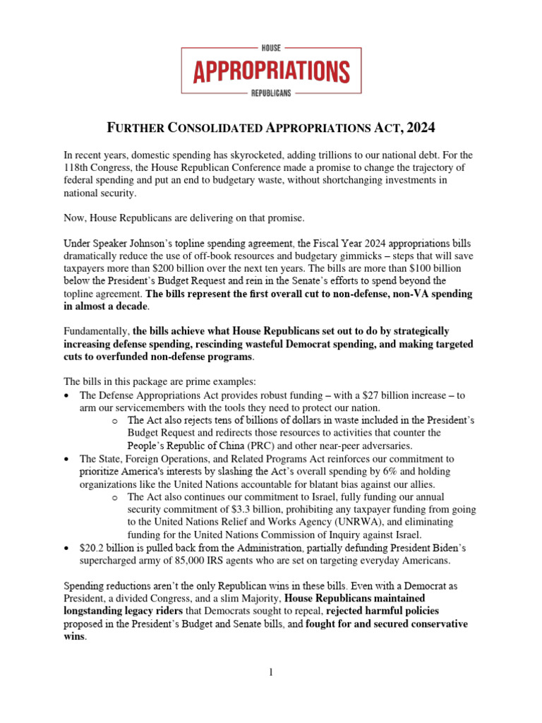 Summary of The Further Consolidated Appropriations Act, 2024 | PDF ...