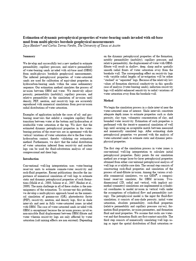 Estimation of Dynamic Petrophysical Properties of Water-Bearing Sands Invaded With Oil-Base ...