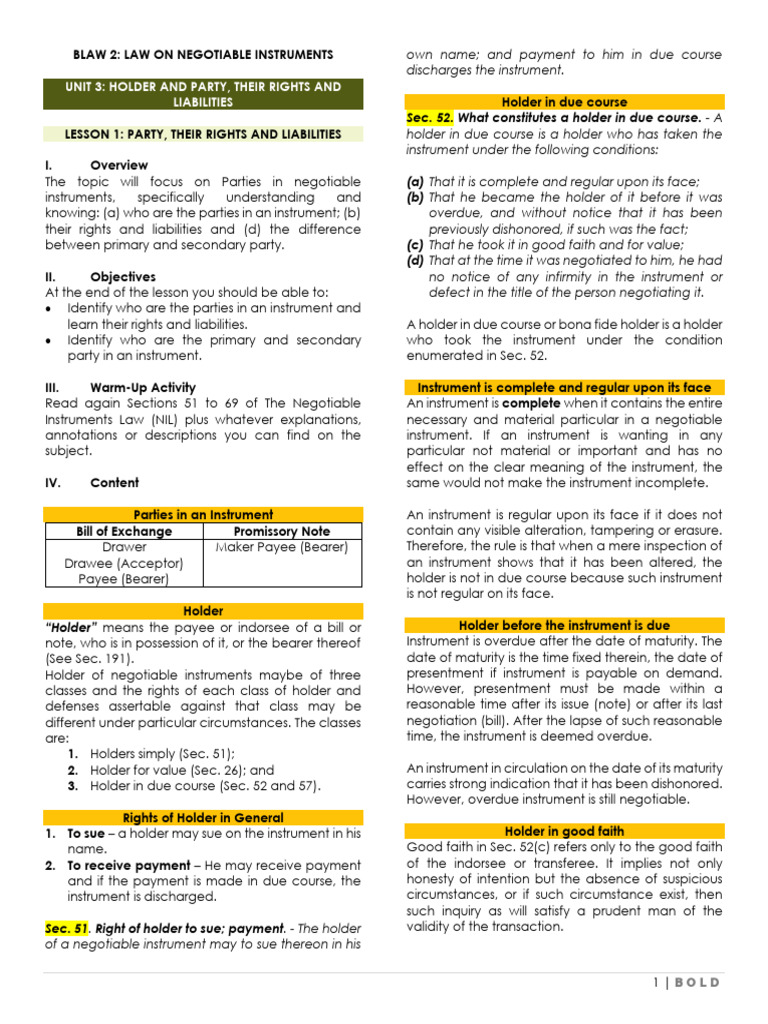 BLAW 2_UNIT 3_LESSON 1_Holder and Party Their Rights and Liabilities | PDF | Negotiable ...