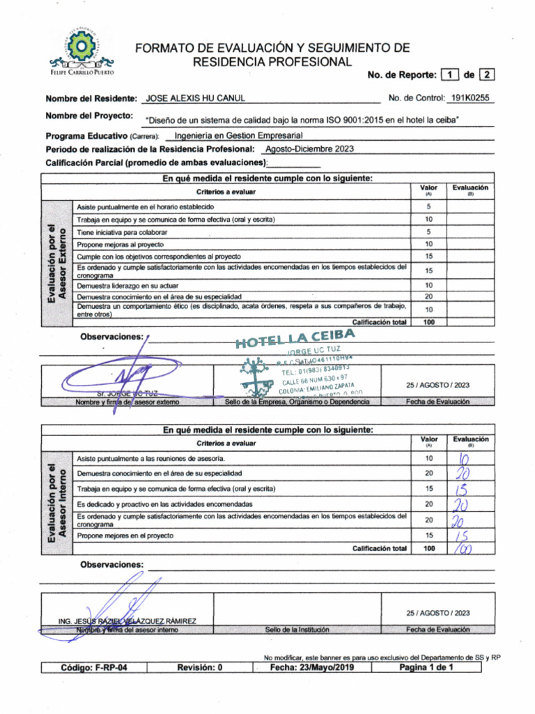 FORMATO DE EVALUACION Y SEGUIMIENTO DE RESIDENCIA PROF | PDF