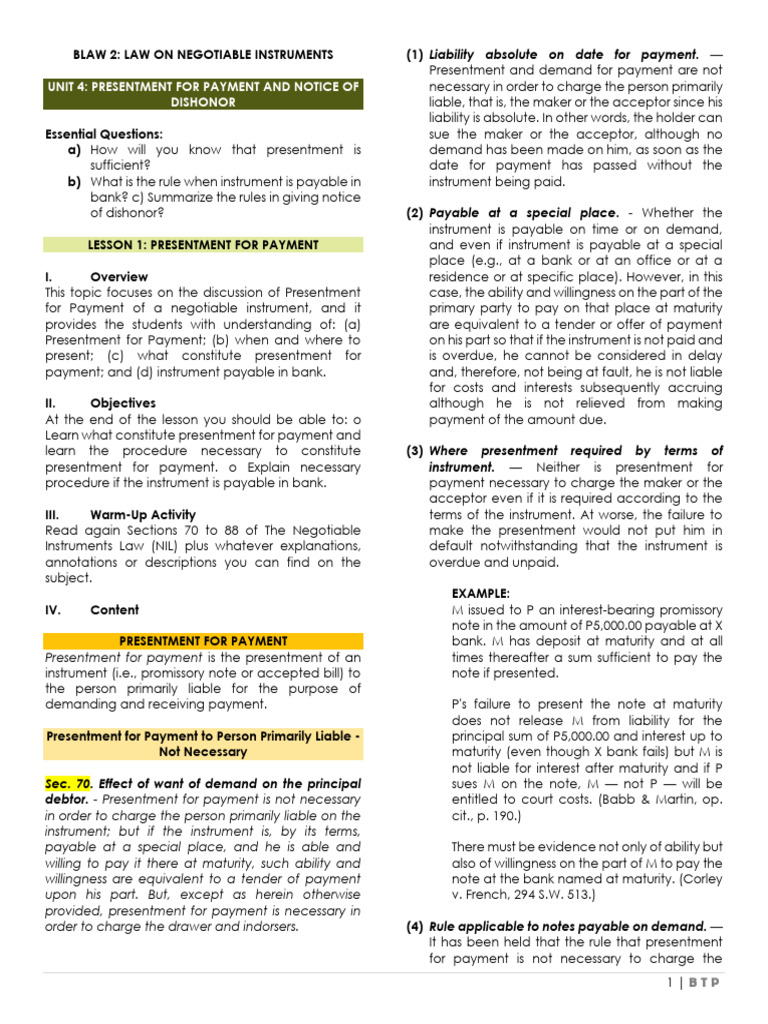 Blaw 2 - Unit 4 - Lesson 1-2 - Presentment For Payment and Notice of Dishonor | PDF | Negotiable ...