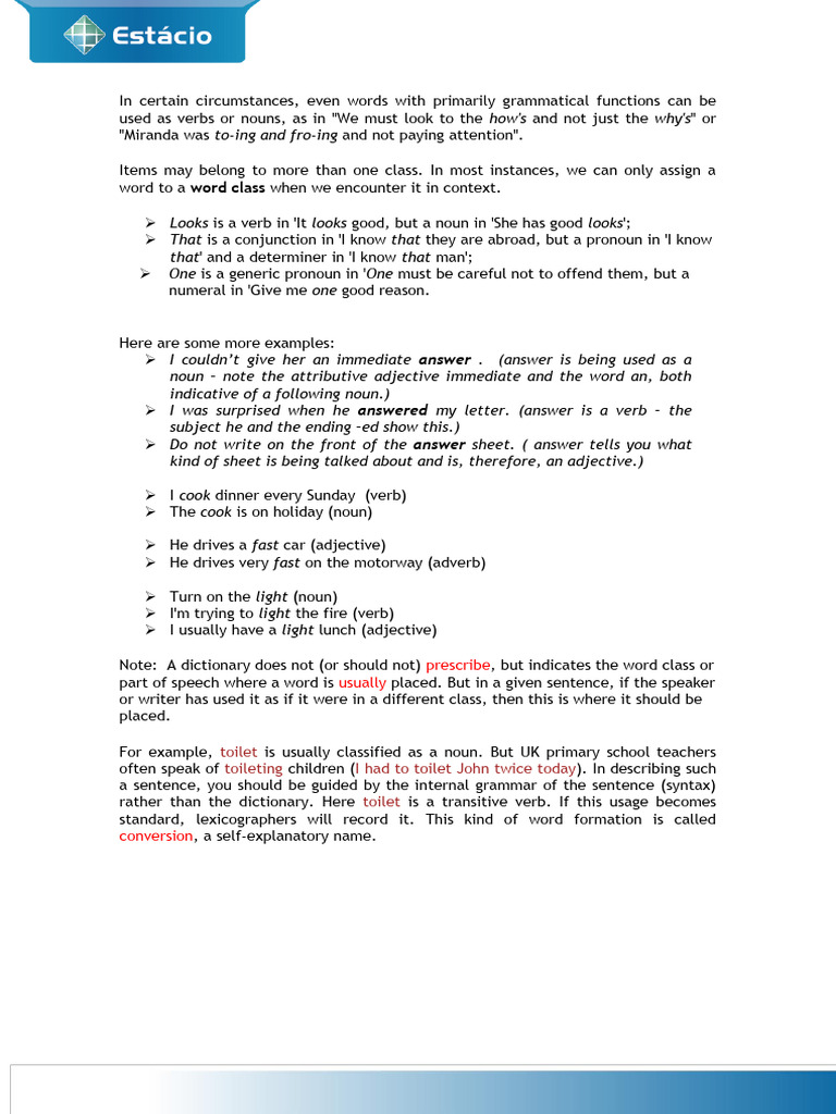 Word Class Conversion Examples | PDF