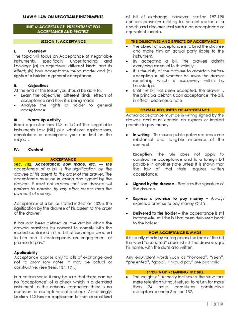 BLAW 2_UNIT 6_LESSON 1-3_ACCEPTANCE, PRESENTMENT FOR ACCEPTANCE AND ...