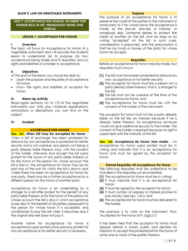 Acceptance and Payment for Honor in Bills | PDF | Cheque | Promissory Note