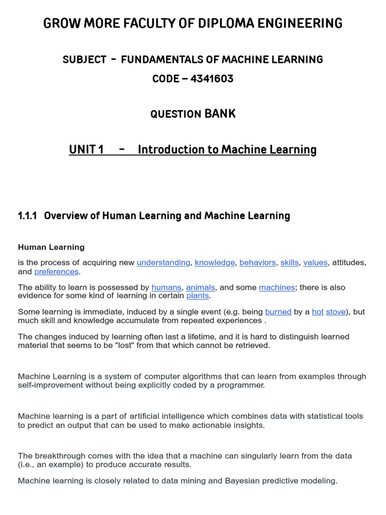 ML Unit 1 | PDF | Machine Learning | Statistical Classification